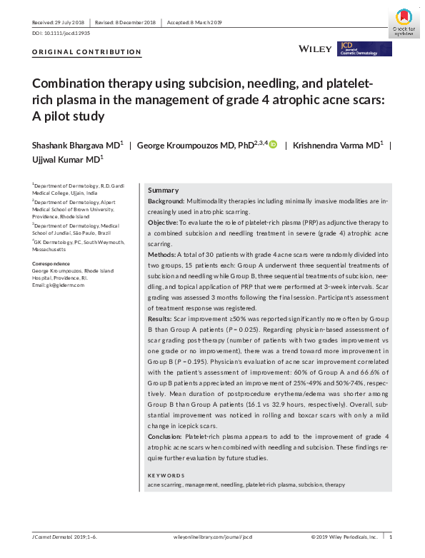 (PDF) Combination therapy using subcision, needling, and platelet‐rich ...