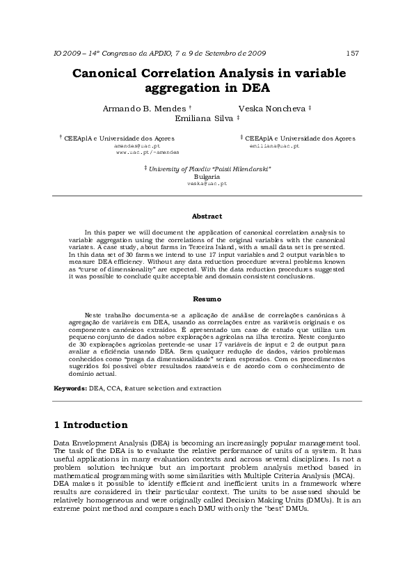 Pdf Canonical Correlation Analysis In Variable Aggregation In Dea