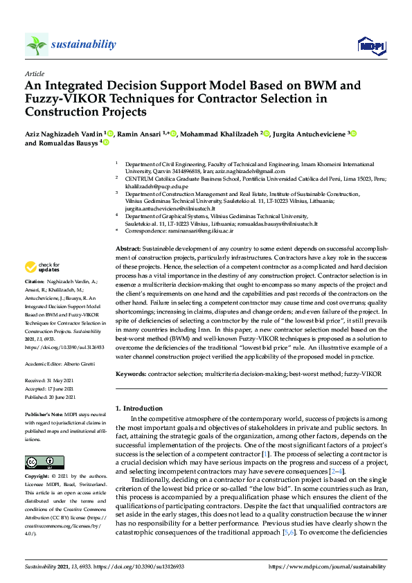 Pdf An Integrated Decision Support Model Based On Bwm And Fuzzy Vikor Techniques For