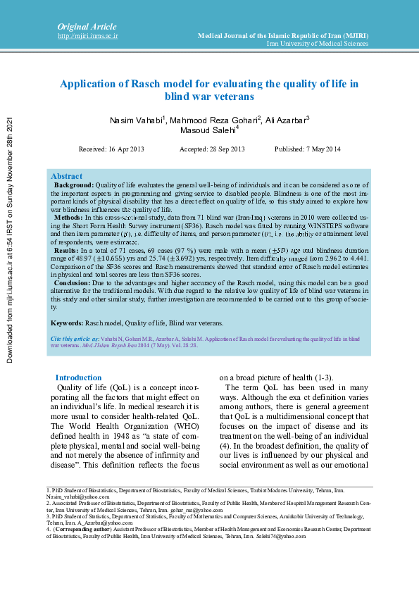 (PDF) Application of Rasch model for evaluating the quality of life in blind war veterans
