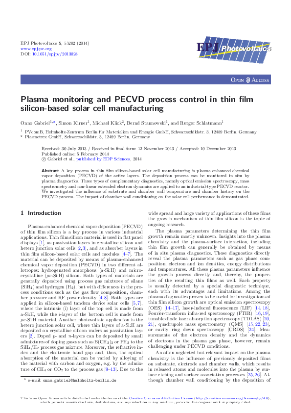 (PDF) Plasma monitoring and PECVD process control in thin film silicon ...