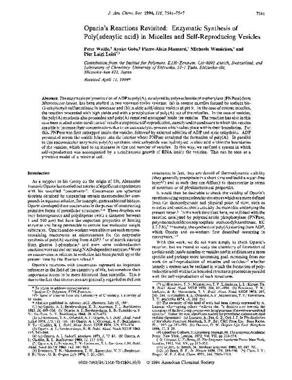 (PDF) Oparin's Reactions Revisited: Enzymic Synthesis of Poly(adenylic ...