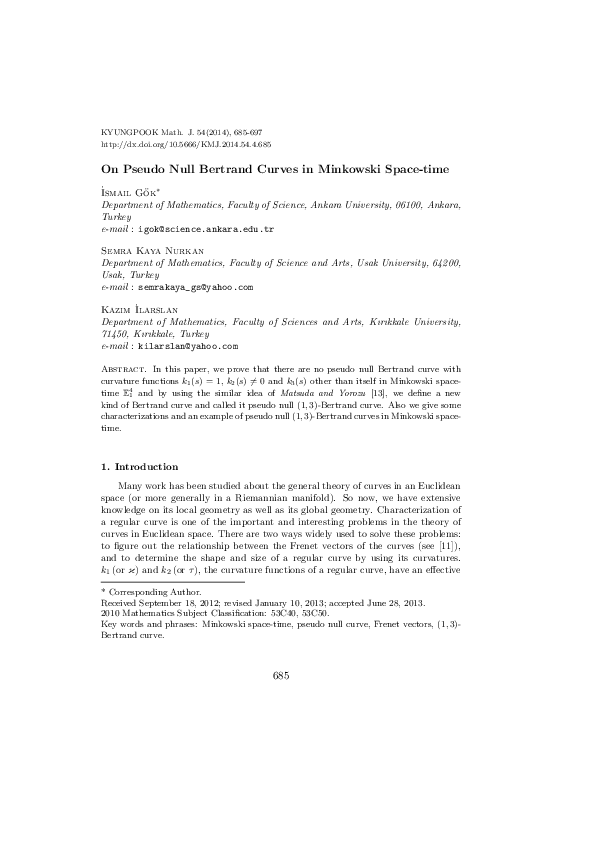 (PDF) On Pseudo Null Bertrand Curves in Minkowski Space-time