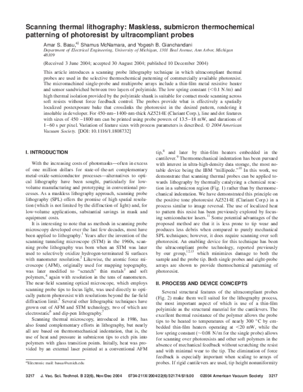 (PDF) Scanning thermal lithography: Maskless, submicron thermochemical patterning of photoresist ...