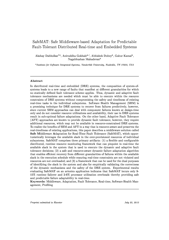 SafeMAT : Safe Middleware-based Adaptation for Predictable Fault-Tolerant Distributed Real-time ...