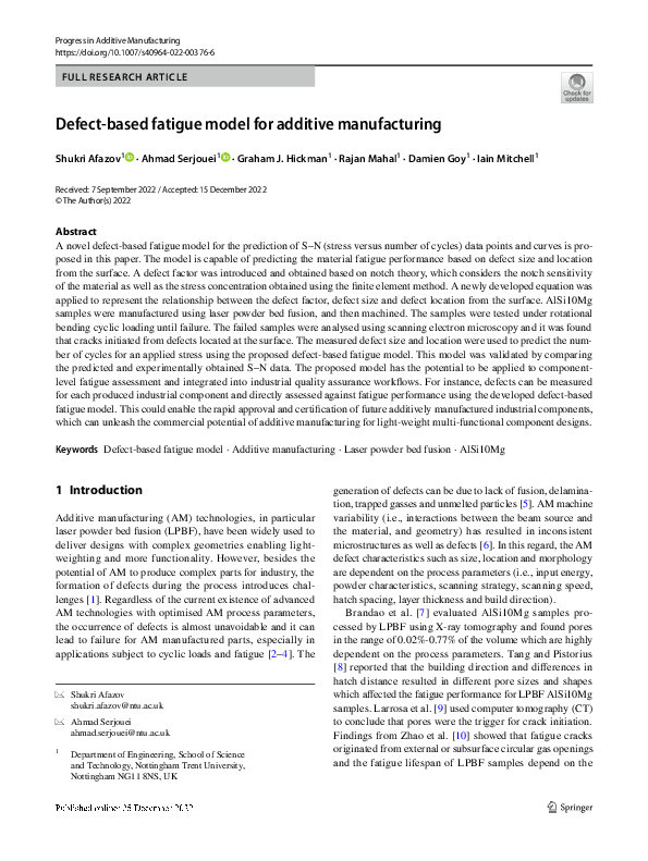 (PDF) Defect-based fatigue model for additive manufacturing | Shukri Afazov - Academia.edu