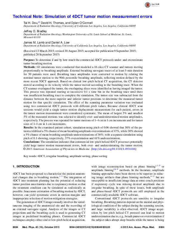 (PDF) Technical Note: Simulation of 4DCT tumor motion measurement errors