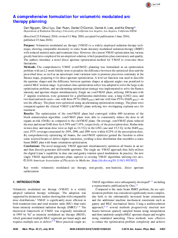 (PDF) A comprehensive formulation for volumetric modulated arc therapy planning