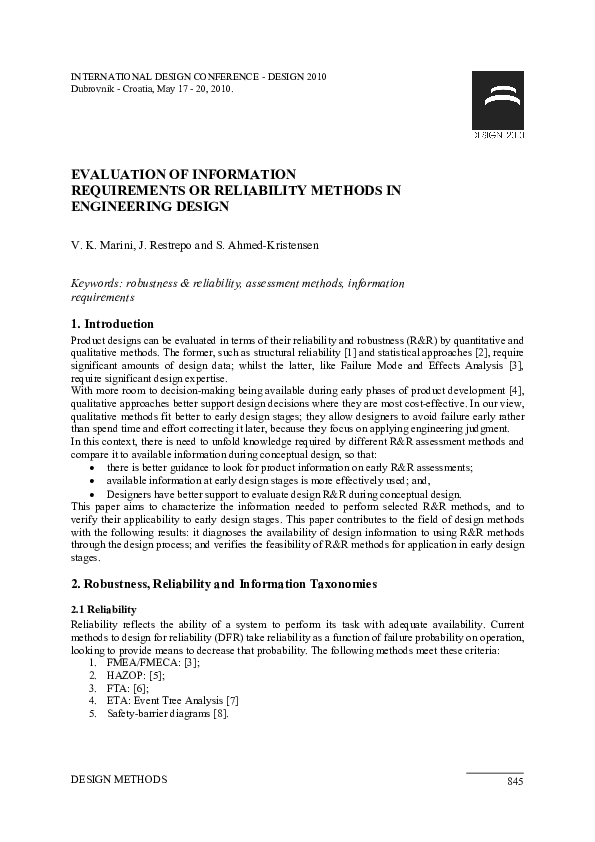 (PDF) Evaluation of Information Requirements of Reliability Methods in Engineering Design