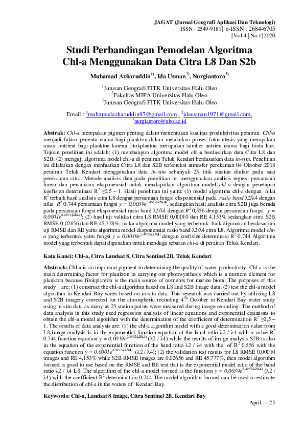 (PDF) Studi Perbandingan Pemodelan Algoritma Chl-a Menggunakan Data Citra L8 Dan S2b