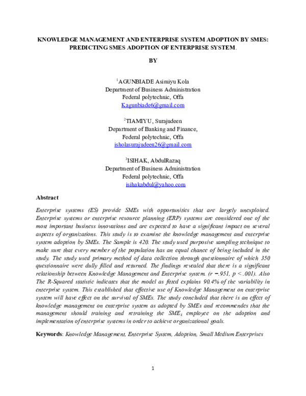 (DOC) KNOWLEDGE MANAGEMENT AND ENTERPRISE SYSTEM ADOPTION BY SMES ...