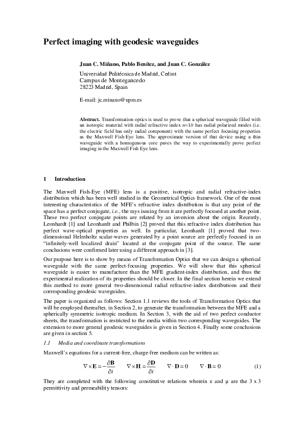 (PDF) Perfect imaging with geodesic waveguides