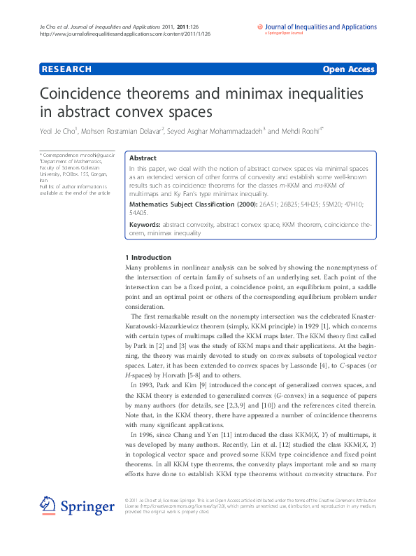 Pdf Coincidence Theorems And Minimax Inequalities In Abstract Convex Spaces