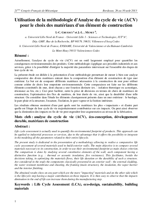 (PDF) Utilisation de la méthodologie d'Analyse du cycle de vie (ACV) pour le choix des matériaux ...