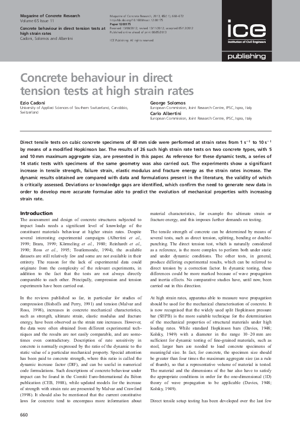 (PDF) Concrete behaviour in direct tension tests at high strain rates