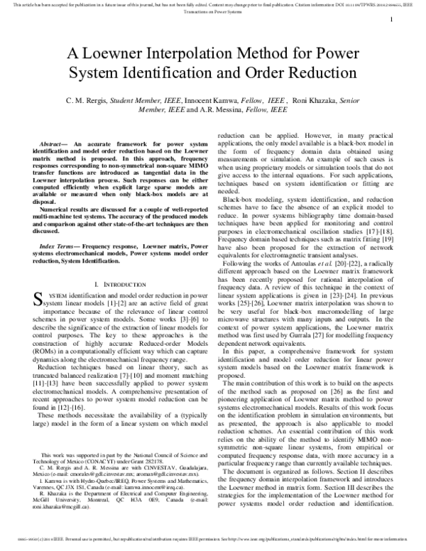 Pdf A Loewner Interpolation Method For Power System Identification And Order Reduction A