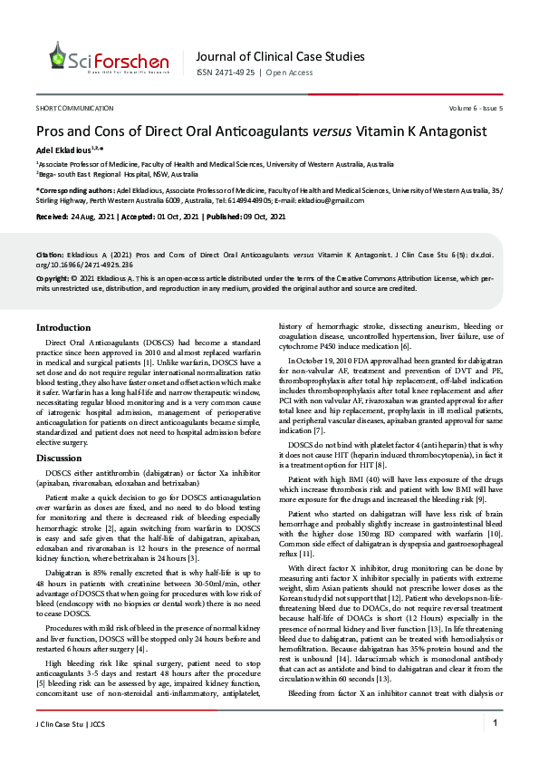 (PDF) Direct Oral Anticoagulants vs Vitamin K Antagonists
