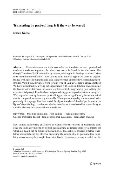 (PDF) Translating by post-editing: is it the way forward?