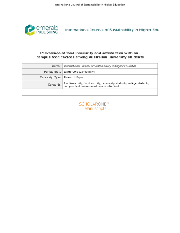 (PDF) Prevalence of food insecurity and satisfaction with on-campus ...