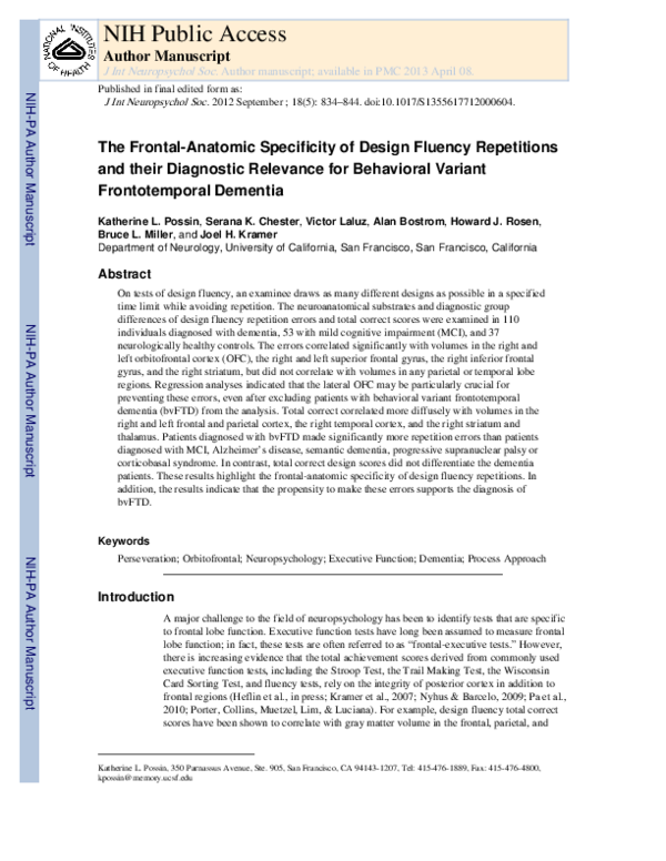 (PDF) The Frontal-Anatomic Specificity of Design Fluency Repetitions ...