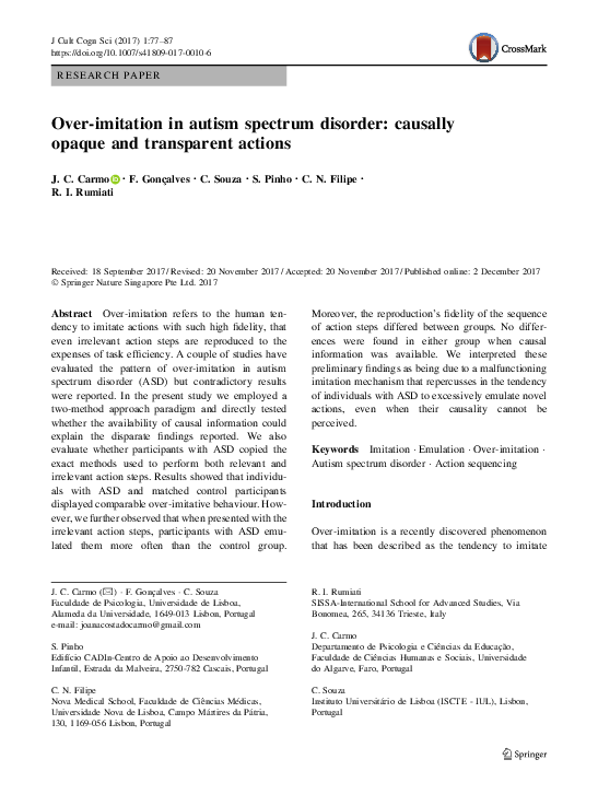 (PDF) Over-imitation in autism spectrum disorder: causally opaque and ...