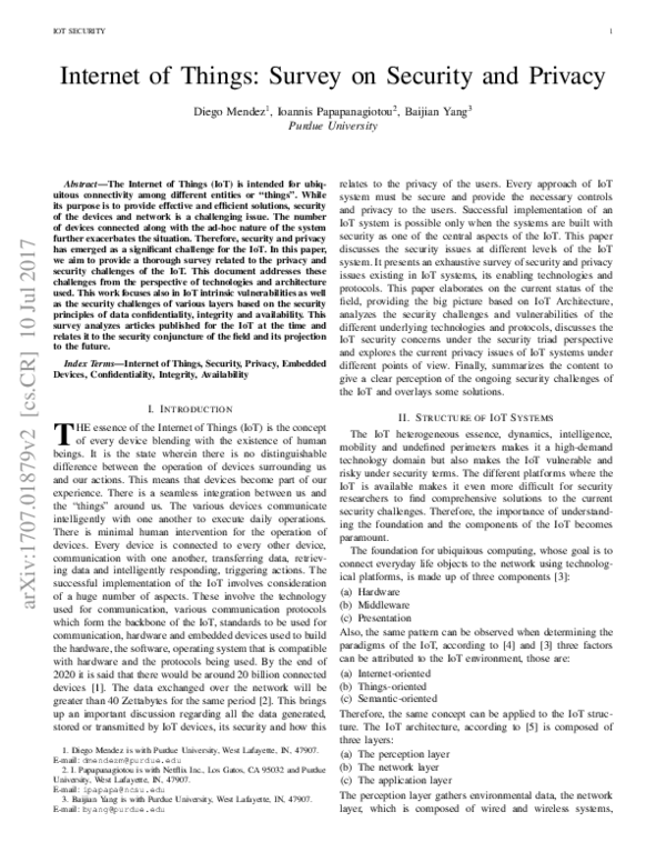 Pdf Internet Of Things Survey On Security