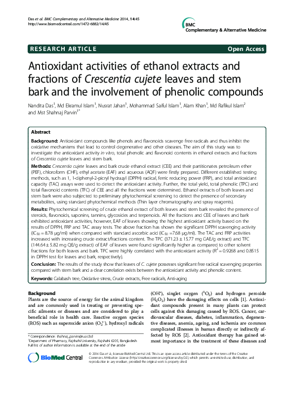 (PDF) Antioxidant activities of ethanol extracts and fractions of Crescentia cujete leaves and ...