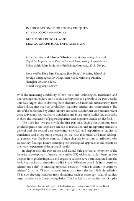 (PDF) Psycholinguistic and Cognitive Inquiries into Translation and Interpreting