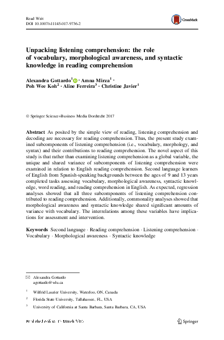 (PDF) Unpacking listening comprehension: the role of vocabulary, morphological awareness, and ...