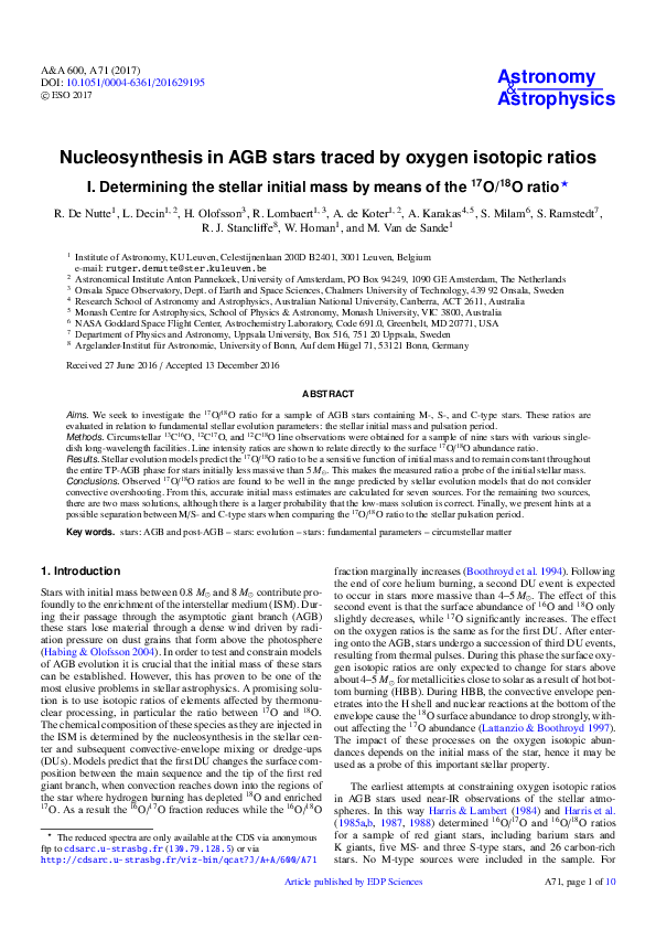 (PDF) Nucleosynthesis in AGB stars traced by oxygen isotopic ratios