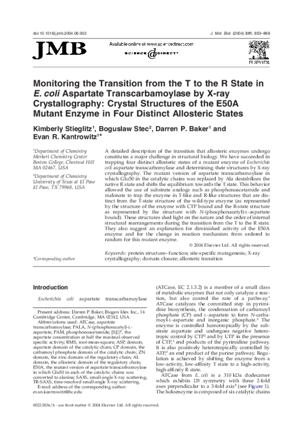 (PDF) Monitoring the Transition from the T to the R State in E.coli ...