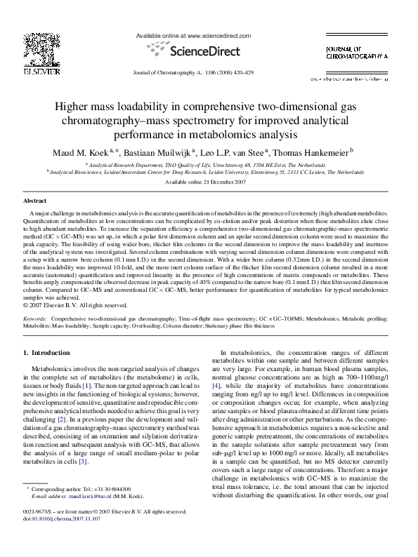 (PDF) Higher mass loadability in comprehensive two-dimensional gas chromatography–mass ...