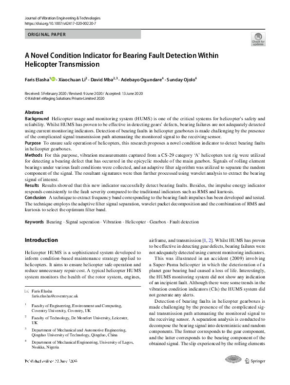 Pdf A Novel Condition Indicator For Bearing Fault Detection Within