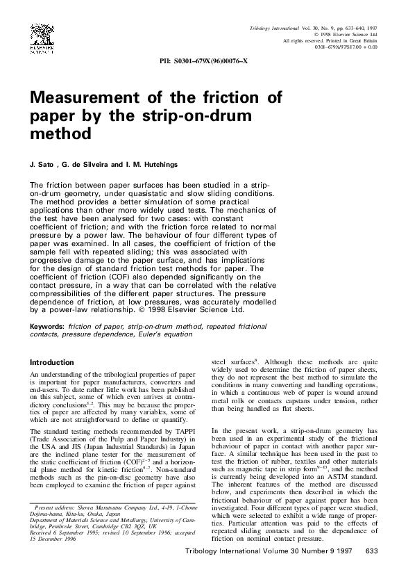 (PDF) Measurement of the friction of paper by the strip-on-drum method