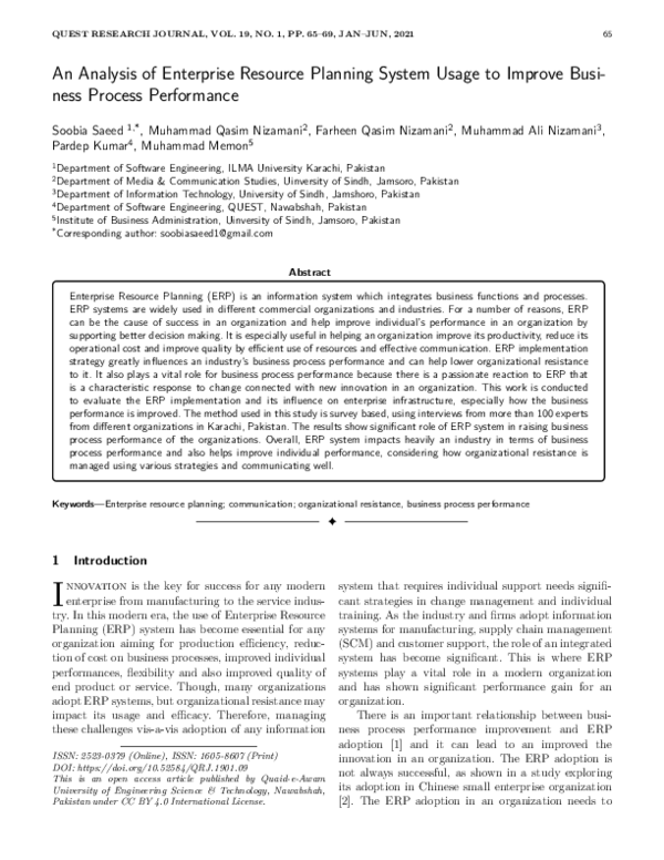 (PDF) An Analysis of Enterprise Resource Planning System Usage to Improve Business Process ...