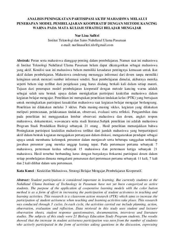 (PDF) Analisis Peningkatan Partisipasi Aktif Mahasiswa Melalui Penerapan Model Pembelajaran ...