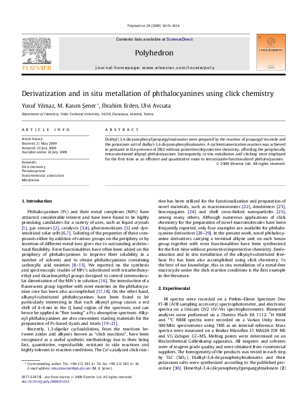 Derivatization and in situ metallation of phthalocyanines using click ...