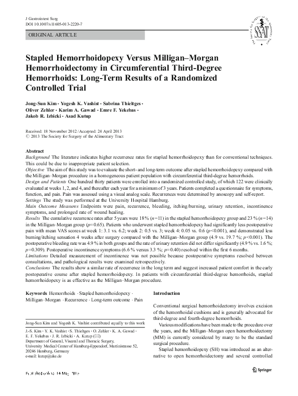 Pdf Stapled Hemorrhoidopexy Versus Milligan Morgan Hemorrhoidectomy