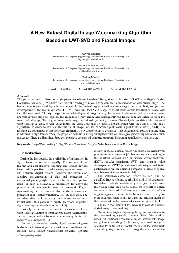 (PDF) A New Robust Digital Image Watermarking Algorithm Based on LWT-SVD and Fractal Images