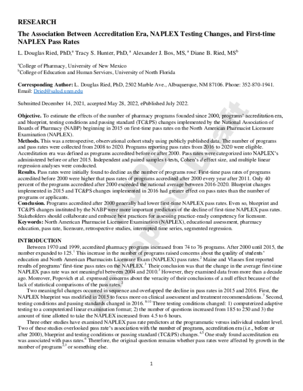 (PDF) The Association Between Accreditation Era, NAPLEX Testing Changes ...