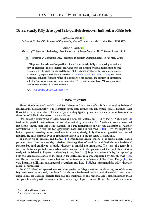 (PDF) Dense, steady, fully developed fluid-particle flows over inclined, erodible beds