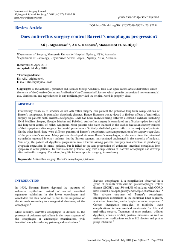 (PDF) Does anti-reflux surgery control Barrett’s oesophagus progression?