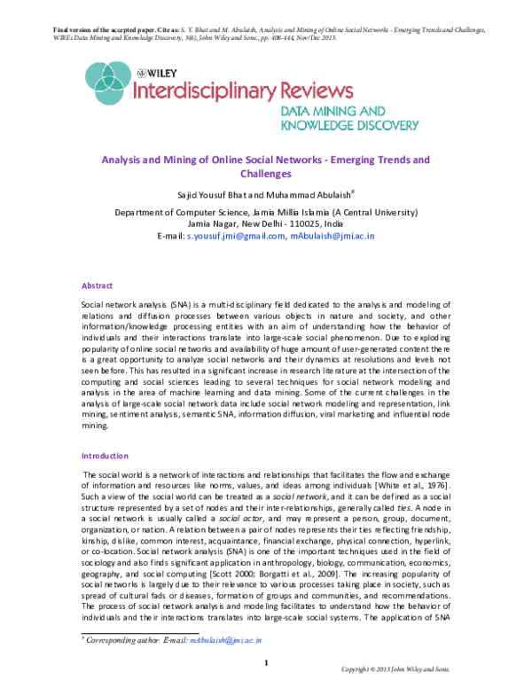 (PDF) Analysis and mining of online social networks: emerging trends and challenges