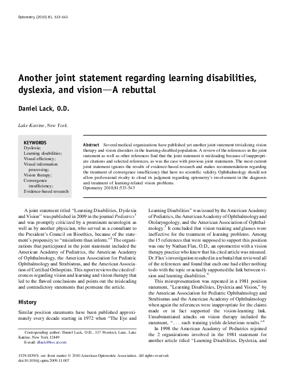 (PDF) Another joint statement regarding learning disabilities, dyslexia ...