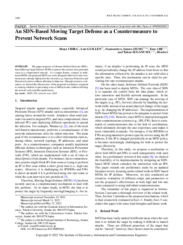 Pdf An Sdn Based Moving Target Defense As A Countermeasure To Prevent Network Scans