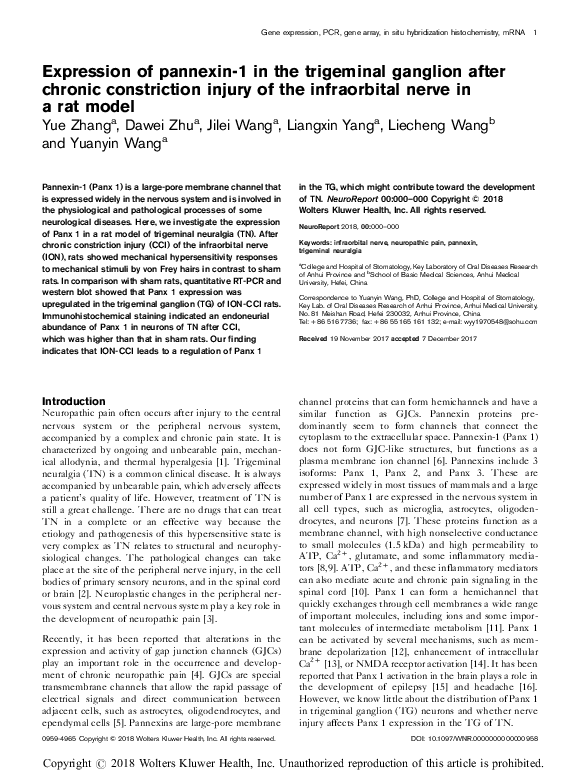 (PDF) Expression of pannexin-1 in the trigeminal ganglion after chronic ...