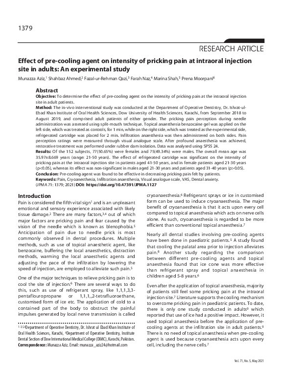 (PDF) Effect of pre-cooling agent on intensity of pricking pain at ...