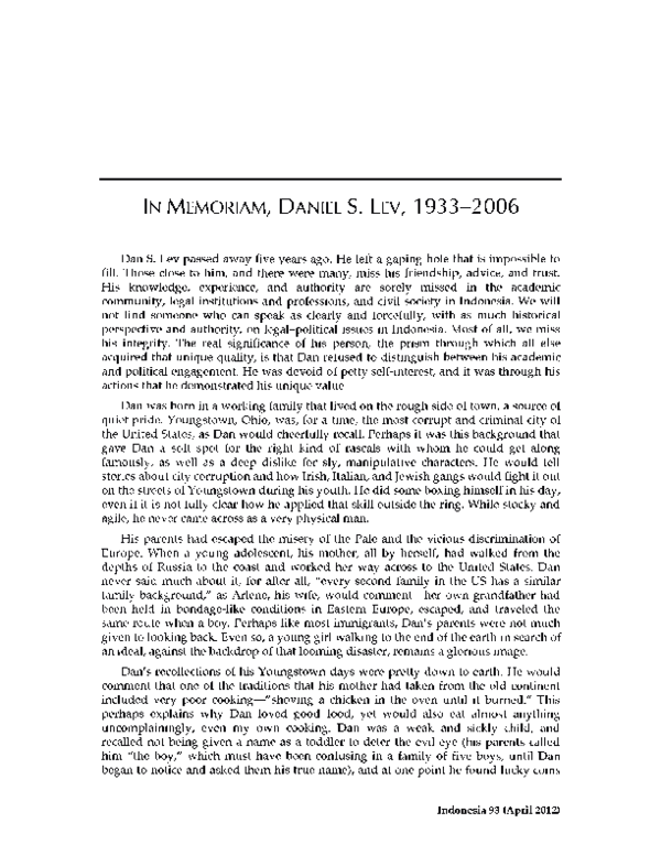 (PDF) In Memoriam, Daniel S. Lev, 1933–2006