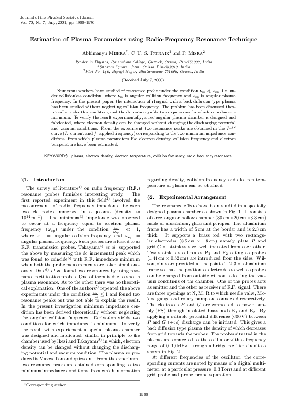 (PDF) Estimation of Plasma Parameters using Radio-Frequency Resonance Technique