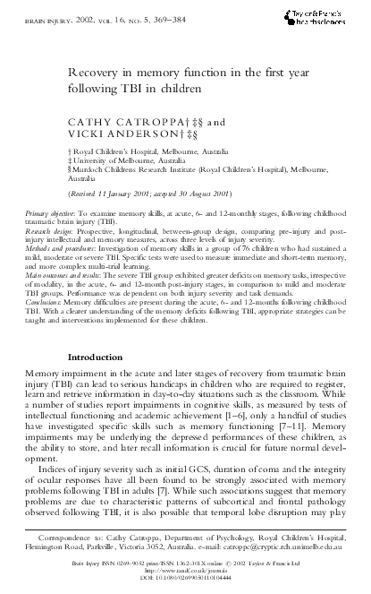 (PDF) Recovery in memory function in the first year following TBI in ...